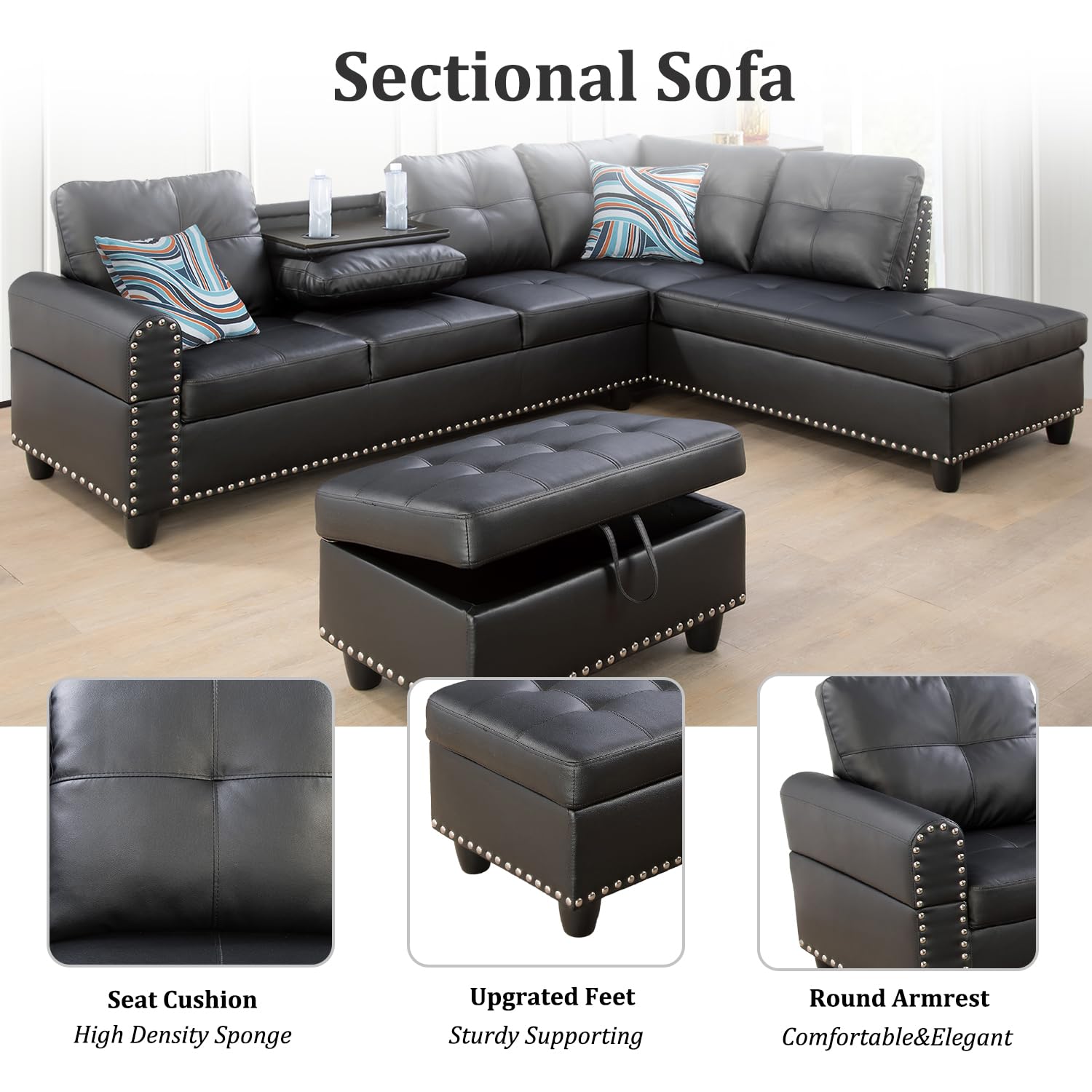 Ocstta Leather Sectional Sofa Sets,Living Room Furniture Sets and Leather Couch Set,L Shaped Couches with Sofa Back Panel Cup Holders and Storage Footstool(Sectional Couch Set+Ottoman) Black