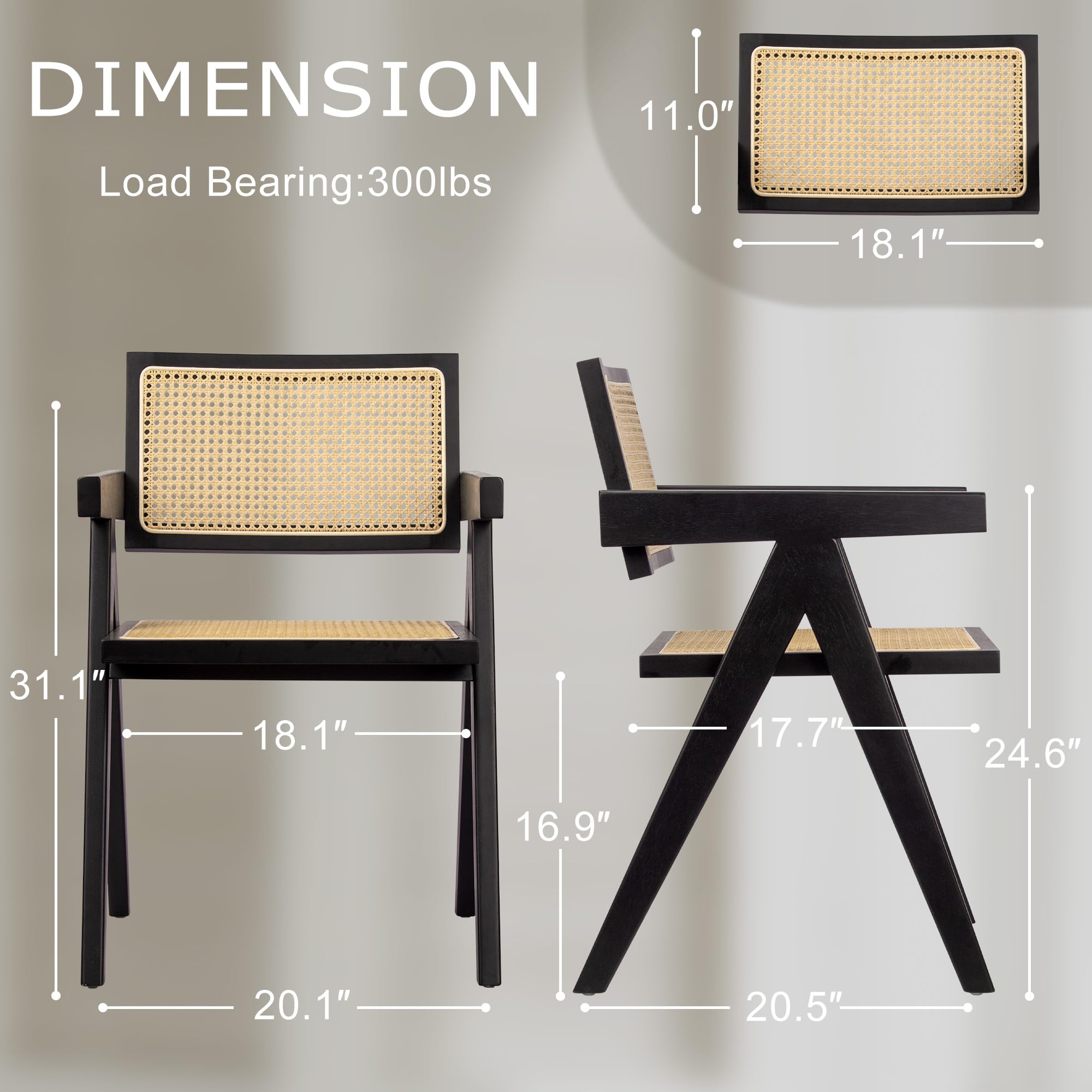 comfy to go Rattan Dining Chairs Set of 2, Kitchen Chairs Cane for Dining Room, Black