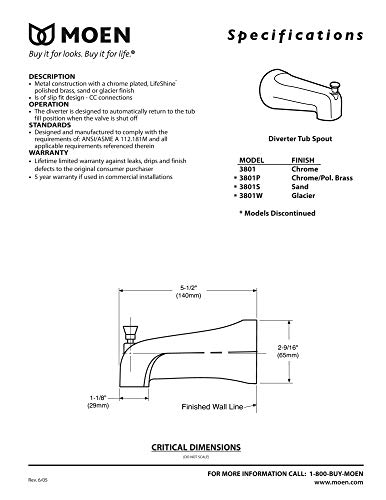 Moen 3801 Tub Spout with Diverter, 1/2-Inch Slip-fit CC Connection, Chrome