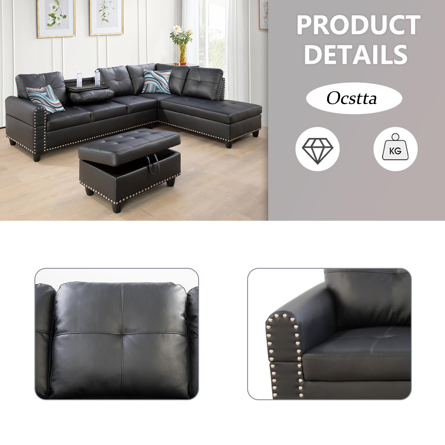 Ocstta Leather Sectional Sofa Sets,Living Room Furniture Sets and Leather Couch Set,L Shaped Couches with Sofa Back Panel Cup Holders and Storage Footstool(Sectional Couch Set+Ottoman) Black