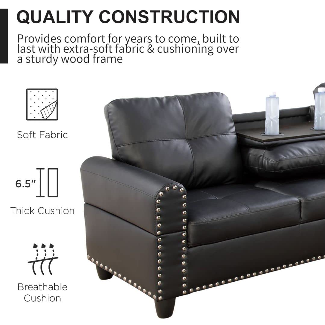Ocstta Leather Sectional Sofa Sets,Living Room Furniture Sets and Leather Couch Set,L Shaped Couches with Sofa Back Panel Cup Holders and Storage Footstool(Sectional Couch Set+Ottoman) Black