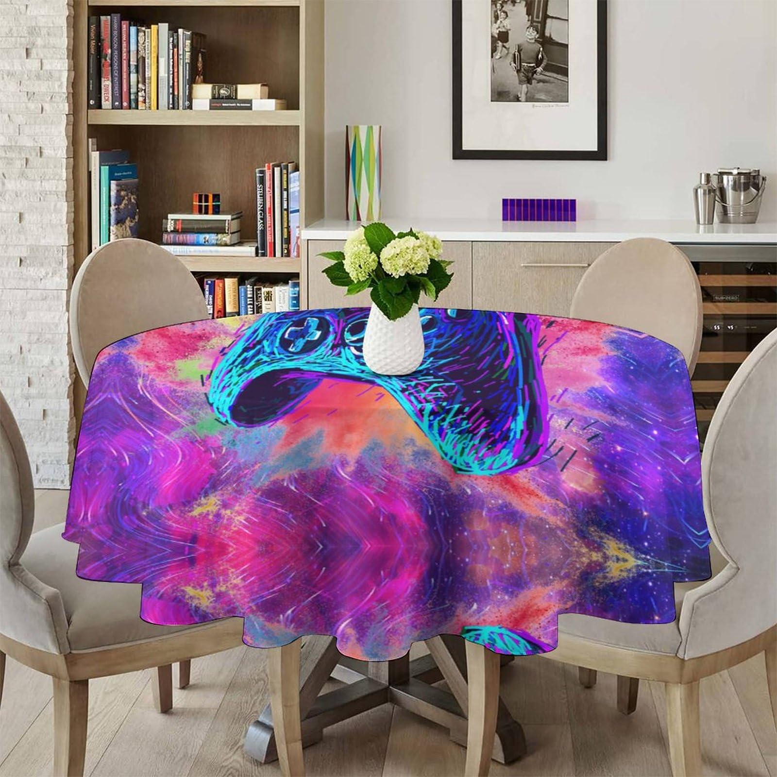 Colorful Retro Gamepad Waterproof Antiwrinkle Tablecloths Abstract Watercolor Video Game Gamer Tie Dye Design for Dining Table, Buffet Parties and Camping 70x70in