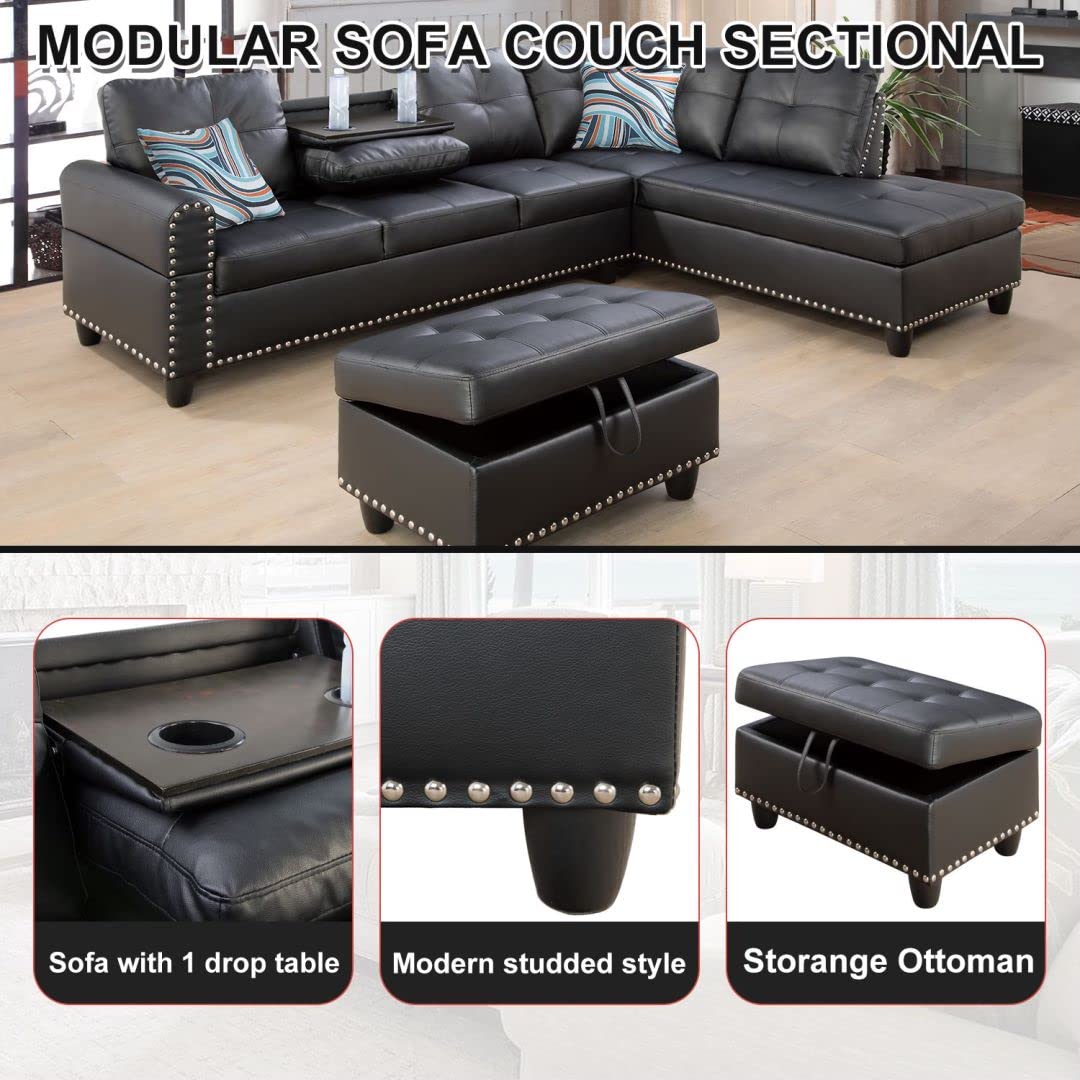 Ocstta Leather Sectional Sofa Sets,Living Room Furniture Sets and Leather Couch Set,L Shaped Couches with Sofa Back Panel Cup Holders and Storage Footstool(Sectional Couch Set+Ottoman) Black