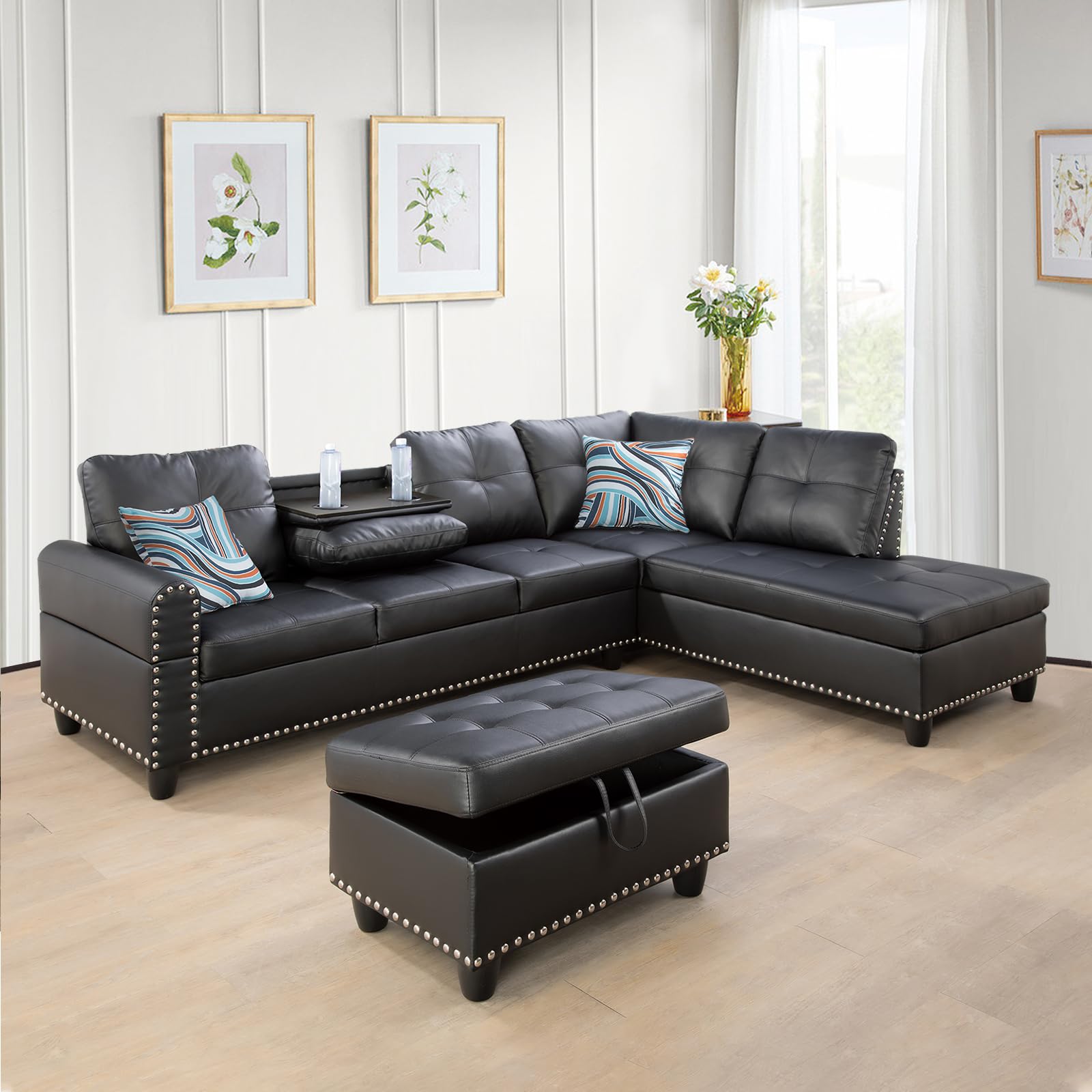 Ocstta Leather Sectional Sofa Sets,Living Room Furniture Sets and Leather Couch Set,L Shaped Couches with Sofa Back Panel Cup Holders and Storage Footstool(Sectional Couch Set+Ottoman) Black
