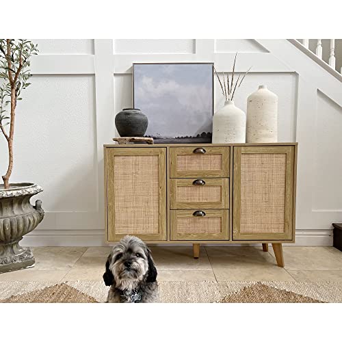 PHI VILLA Sideboard Buffet Cabinet with Storage Console Table Woven Rattan Cabinet Coffee Bar Kitchen Dining Room Living Room Storage Cabinet Accent Cabinet with Doors and Drawers