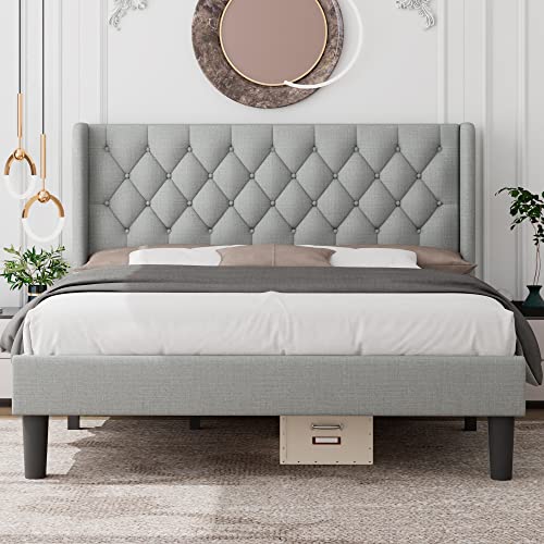 Feonase Upholstered King Bed Frame with Wingback, Platform Bed with Diamond Tufted Headboard, Heavy Duty Bed Frame, Wood Slat, Easy Assembly, Noise-Free, No Box Spring Needed, Light Gray