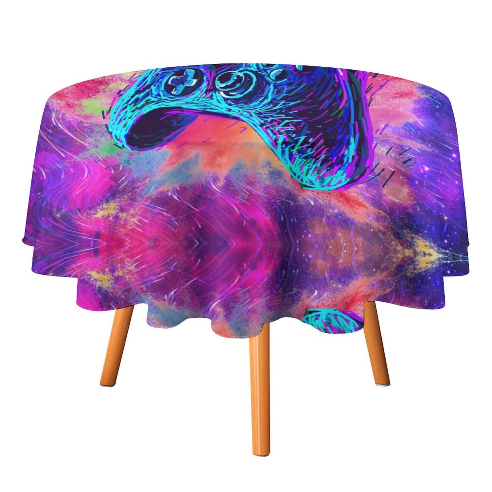 Colorful Retro Gamepad Waterproof Antiwrinkle Tablecloths Abstract Watercolor Video Game Gamer Tie Dye Design for Dining Table, Buffet Parties and Camping 70x70in