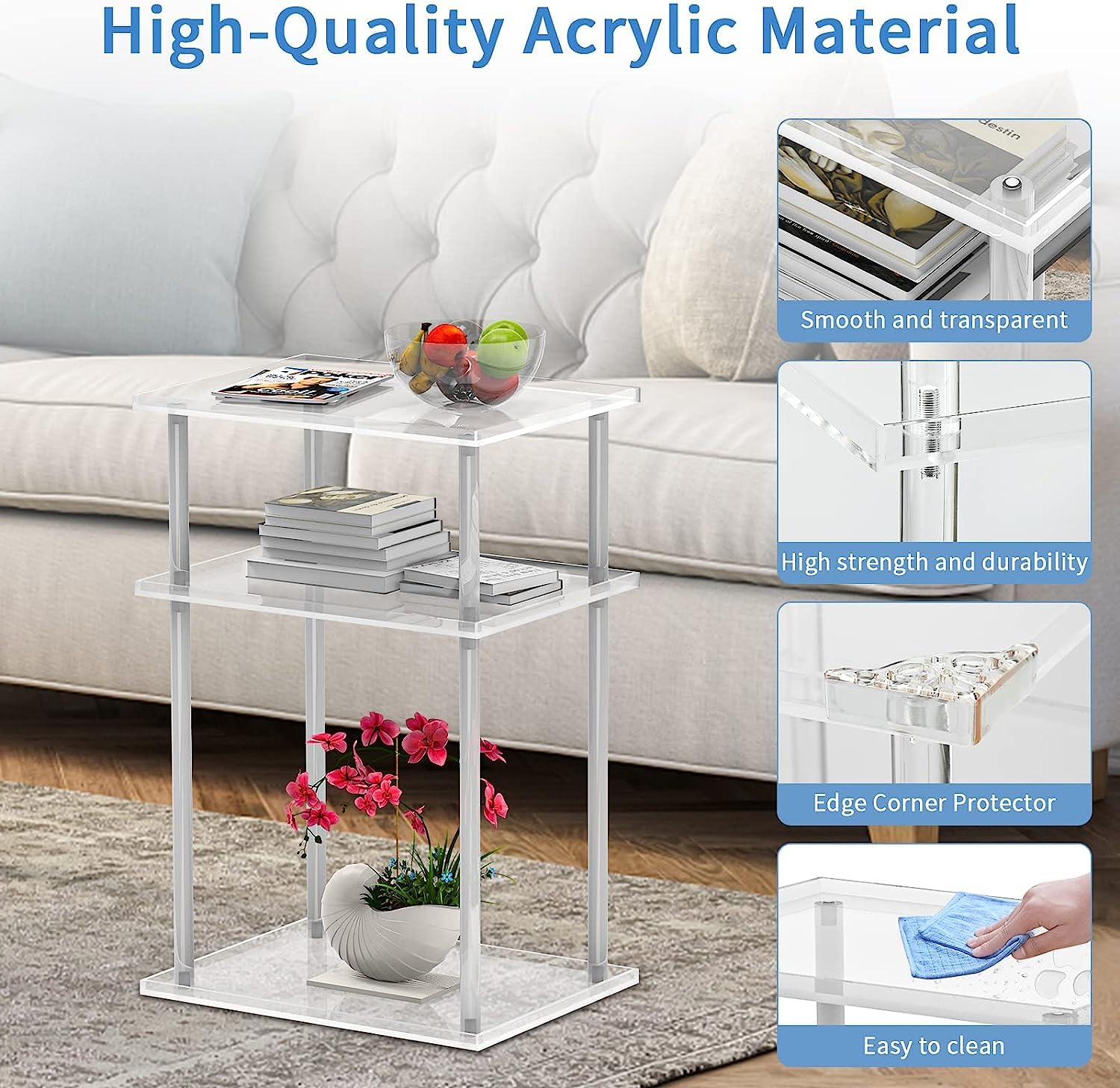 JAZORR Acrylic Side Table, 3 Tier Clear Nightstand, Clear End Table, Acrylic Tall Side Table, Small Place Transparent Furniture Decorative for Bedside Frame, Sofa, Living Room, Bedroom