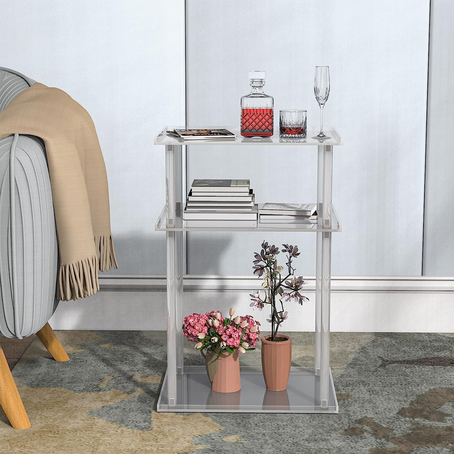 JAZORR Acrylic Side Table, 3 Tier Clear Nightstand, Clear End Table, Acrylic Tall Side Table, Small Place Transparent Furniture Decorative for Bedside Frame, Sofa, Living Room, Bedroom