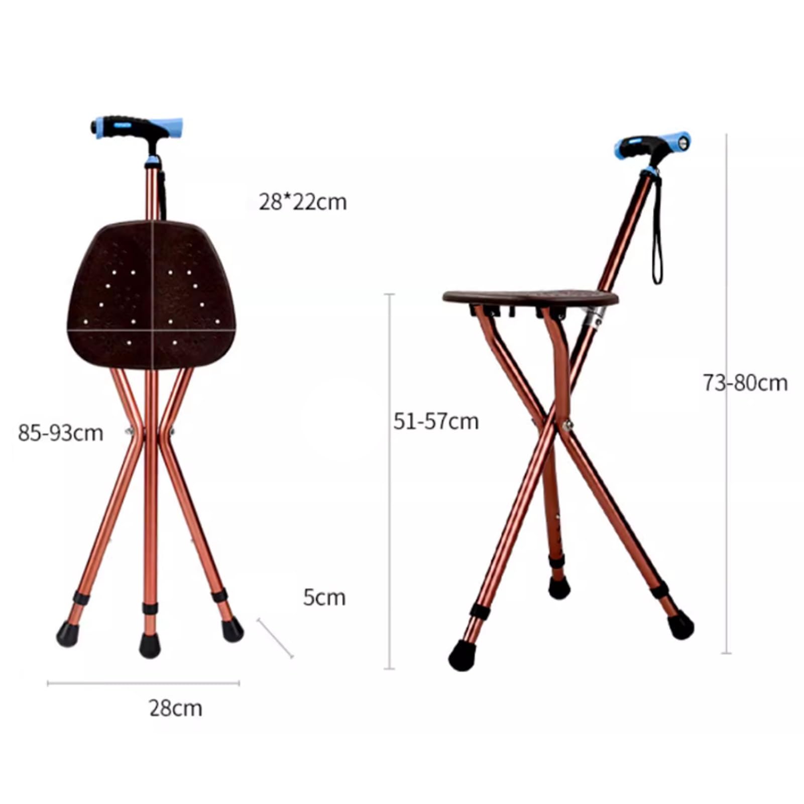 Walking Stick with LED Light, Foldable, Three-Legged Cane Chairs for Adults, Portable, T-Grip, Anti-Slip, Lightweight, for Disabled, Elderly, Aluminum Alloy (Size : Black)