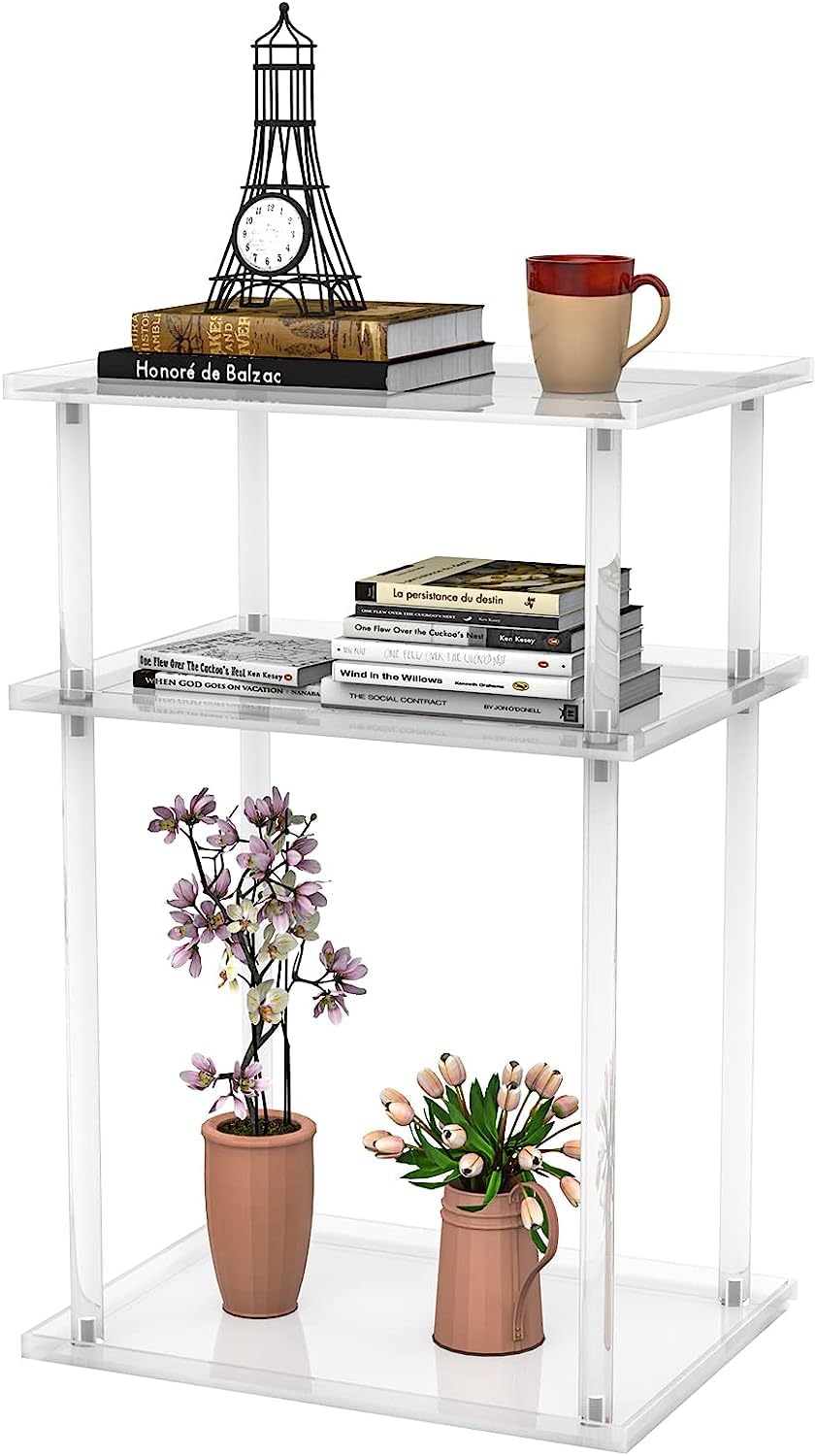 JAZORR Acrylic Side Table, 3 Tier Clear Nightstand, Clear End Table, Acrylic Tall Side Table, Small Place Transparent Furniture Decorative for Bedside Frame, Sofa, Living Room, Bedroom