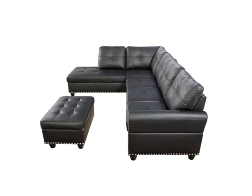 EMKK Modern Sectional Couches for Living Room, 101" L Shaped Upholstered Sofa with Chaise, Ottoman, 3-Piece Fabric Furniture Sets, Suitable for Large Space & Apartment, BlackOttoman