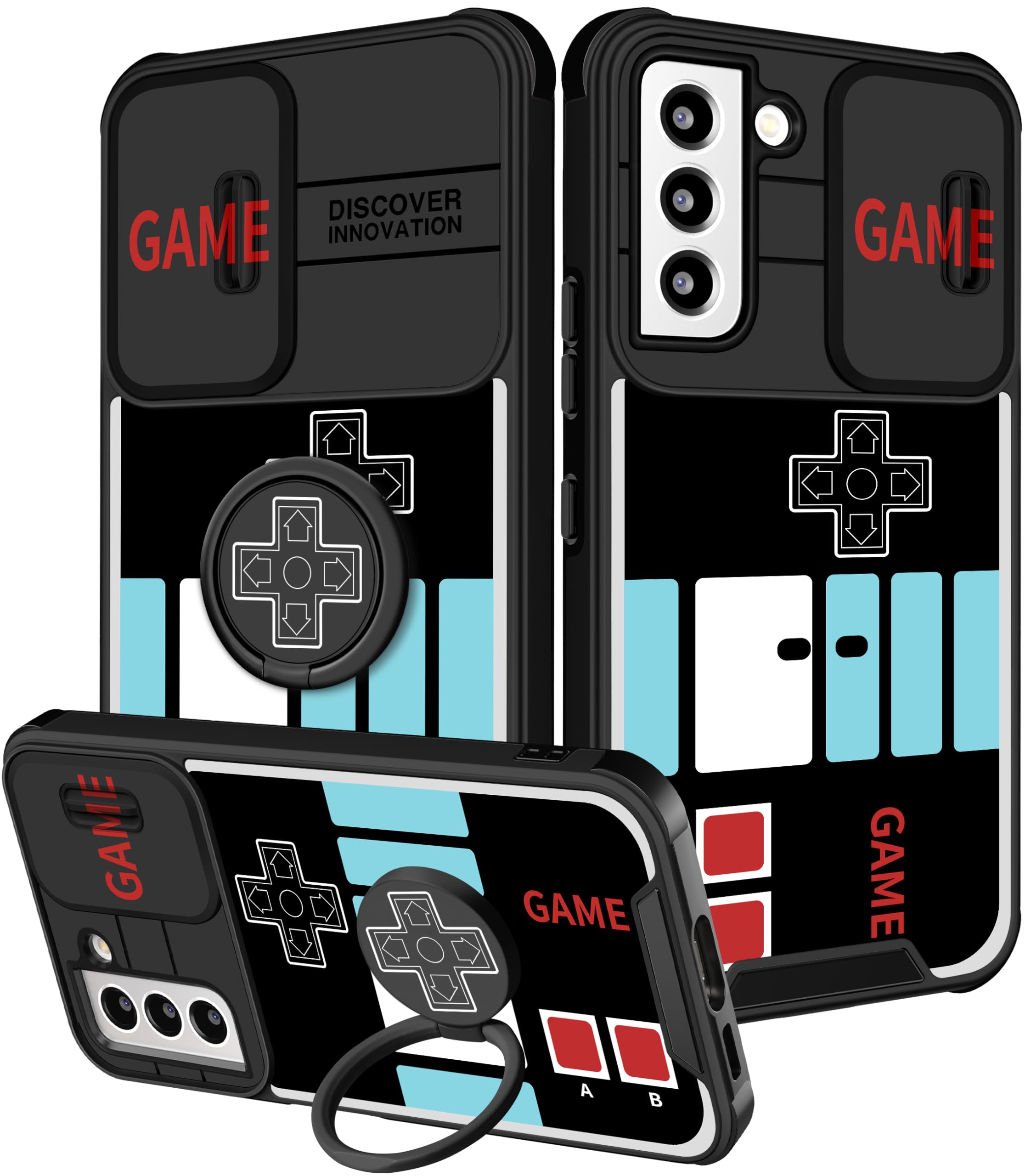 Funermei (2in1 for Samsung Galaxy S22 Case for Women Boys Cute Cover Cartoon Teens Fun Funny Game Black for Men Kids Design with Camera Cover and Ring Stand Funda for Galaxy S22 Phone Cases
