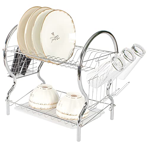 2 Layer 38cm Dish Drainerd Dual Layer Dish Drying Rack Kitchen Collection Shelf Drainer Organizer Over The Sink Mesh Colander Crate and Barrel (Silver, One Size)