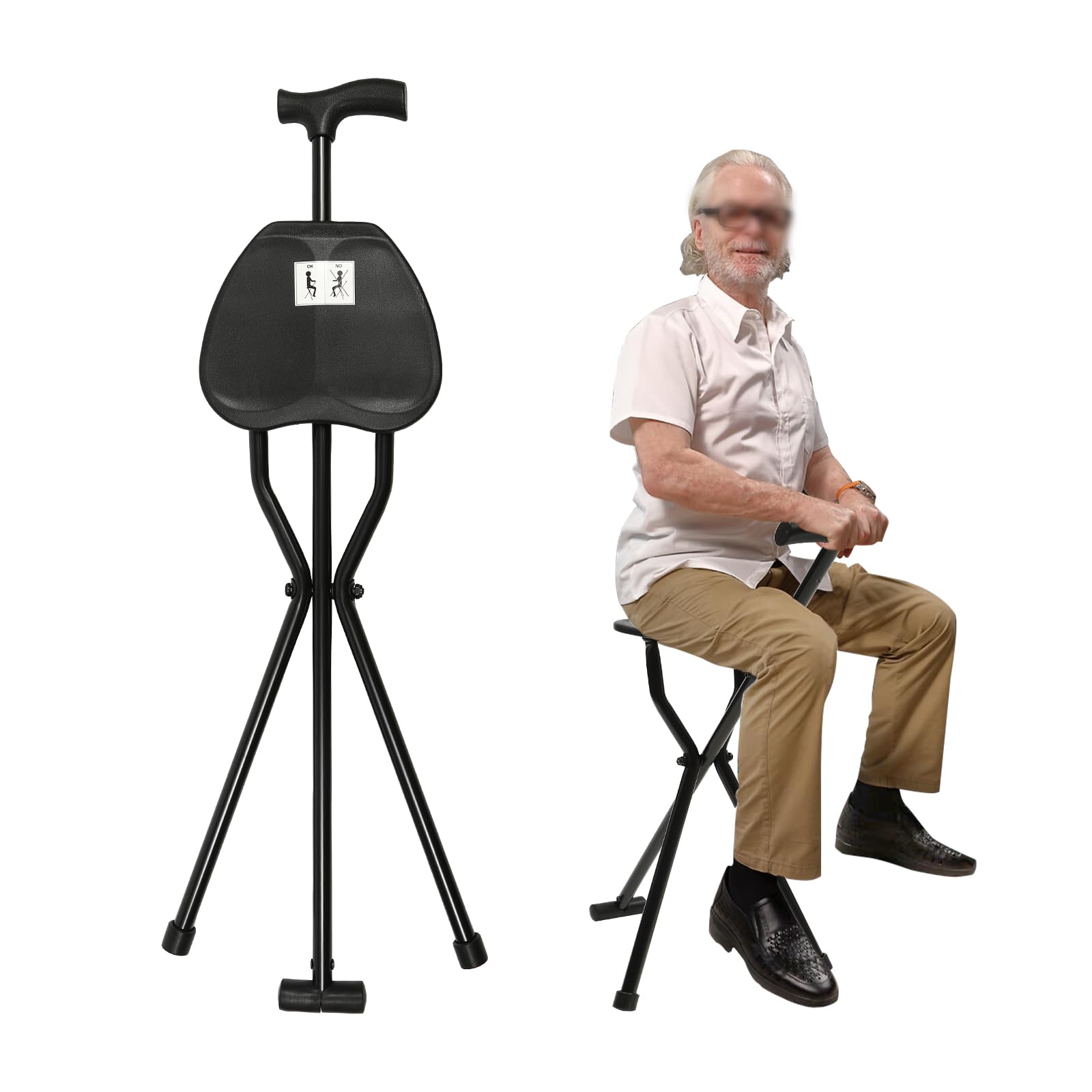 Walking Cane Chair, Walking Stick, Portable Folding Cane with Seat is 34 Inches Tall, Supports up to 240 Pounds, Anti-Slip Lightweight Walking Stick for Seniors (Black)