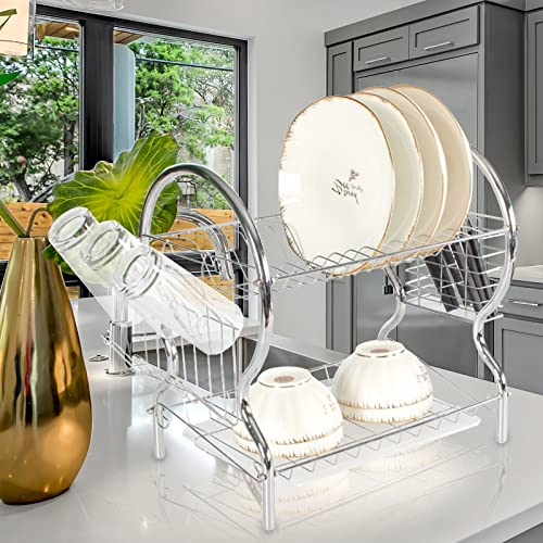 2 Layer 38cm Dish Drainerd Dual Layer Dish Drying Rack Kitchen Collection Shelf Drainer Organizer Over The Sink Mesh Colander Crate and Barrel (Silver, One Size)