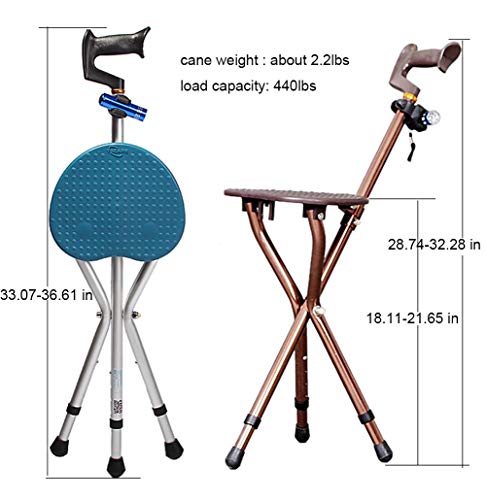 Heavy Duty Walking Cane with Folding Seat 440 lbs Capacity Adjustable Canes with Seats for Heavy Weight Thick Aluminum Alloy Cane Stool Seat Chairs (Brown with LED Light)