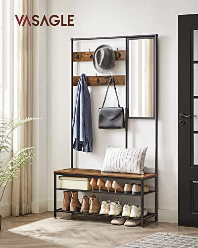 VASAGLE Coat Rack Shoe Bench with Mirror, Hall Tree with Bench and Shoe Storage Shelves, 15 x 38.6 x 70.9 in, Bedroom Living Room, Industrial Style, Rustic Brown and Black UHSR415B01