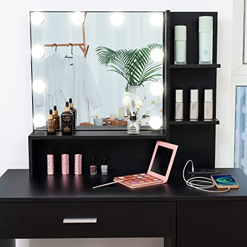 USIKEY Vanity Table Set with Lighted Mirror & Charging Station, Makeup Vanity Table with 1 Drawer, 1 Storage Cabinet, 10 LED Lights, Dressing Tables Vanity Desk with Cushioned Stool for Bedroom, Black