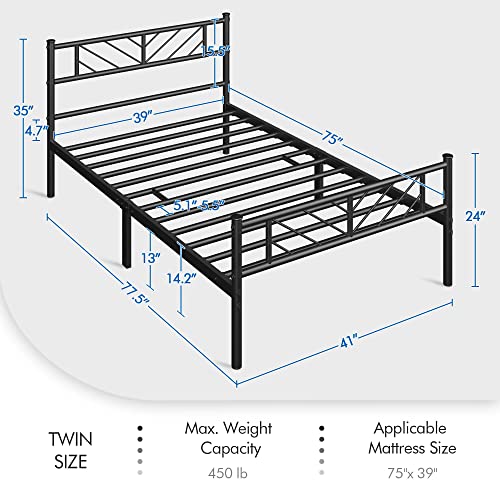 Yaheetech Twin Size Platform Bed Frame with Arrow Design Headboard, 13 Inches Metal Mattress Foundation for Storage, No Box Spring Needed, Easy Assembly, Modern, Black