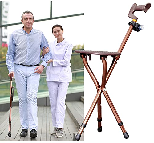 Heavy Duty Walking Cane with Folding Seat 440 lbs Capacity Adjustable Canes with Seats for Heavy Weight Thick Aluminum Alloy Cane Stool Seat Chairs (Brown with LED Light)
