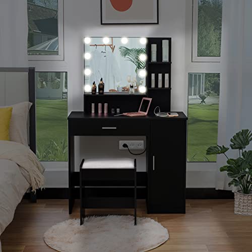 USIKEY Vanity Table Set with Lighted Mirror & Charging Station, Makeup Vanity Table with 1 Drawer, 1 Storage Cabinet, 10 LED Lights, Dressing Tables Vanity Desk with Cushioned Stool for Bedroom, Black