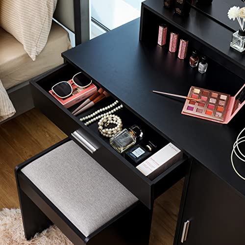 USIKEY Vanity Table Set with Lighted Mirror & Charging Station, Makeup Vanity Table with 1 Drawer, 1 Storage Cabinet, 10 LED Lights, Dressing Tables Vanity Desk with Cushioned Stool for Bedroom, Black