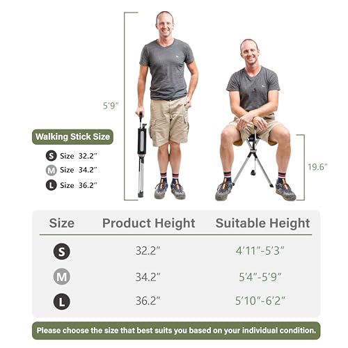 STEP2GOLD Ta-Da Chair Series 2- Portable Walking Stick, Cane with Seat, Foldable Chair, Hiking Stick, for Camping, Hiking, Lightweight Aluminum, Easy Carry, Anti-Slip (34.2"/Black)