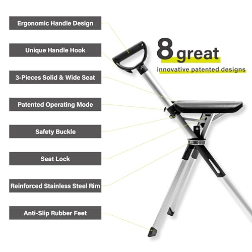 STEP2GOLD Ta-Da Chair Series 2- Portable Walking Stick, Cane with Seat, Foldable Chair, Hiking Stick, for Camping, Hiking, Lightweight Aluminum, Easy Carry, Anti-Slip (34.2"/Black)