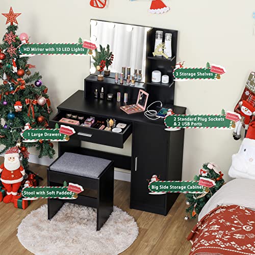 USIKEY Vanity Table Set with Lighted Mirror & Charging Station, Makeup Vanity Table with 1 Drawer, 1 Storage Cabinet, 10 LED Lights, Dressing Tables Vanity Desk with Cushioned Stool for Bedroom, Black
