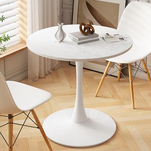 DKLGG 32" Modern Round Dining Table with Printed Marble Table Top, Metal Base Pedestal Table Tulip Table Kitchen Table for 2-4 Person for Small Space Home, End Table Leisure Coffee Table, Marble