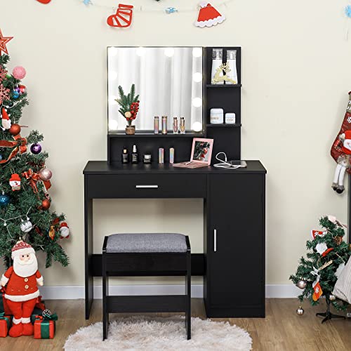 USIKEY Vanity Table Set with Lighted Mirror & Charging Station, Makeup Vanity Table with 1 Drawer, 1 Storage Cabinet, 10 LED Lights, Dressing Tables Vanity Desk with Cushioned Stool for Bedroom, Black