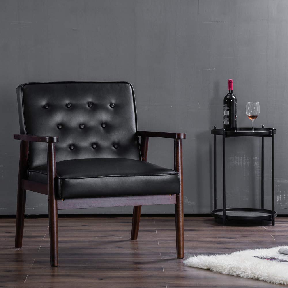 JIASTING Mid-Century Retro Modern Solid Wood Armrest Accent Chair, Faux Leather Tufted Back Upholstered Lounge Chairs, Living Room Furniture (Black 8325)