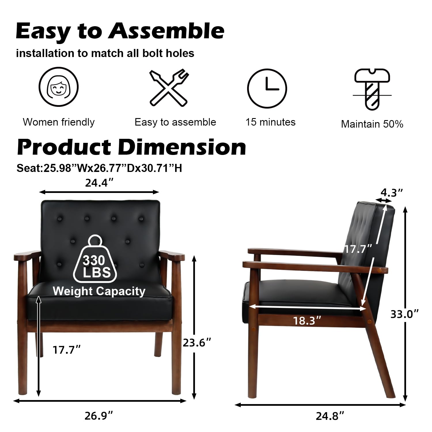 JIASTING Mid-Century Retro Modern Solid Wood Armrest Accent Chair, Faux Leather Tufted Back Upholstered Lounge Chairs, Living Room Furniture (Black 8325)