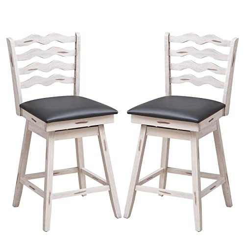 COSTWAY Bar Stools Set of 2, 25” 360° Swivel Counter Height Chairs with Rubber Wood Frame, Cushioned Seat, Ergonomic Backrest & Footrest, Wooden Upholstered Barstools for Kitchen Island (2, 25”)