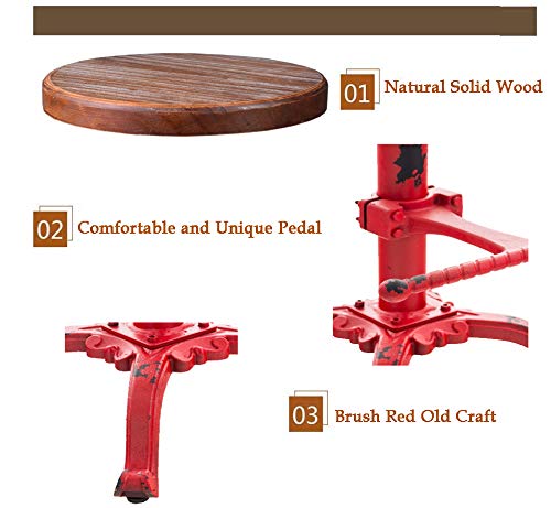 Topower Industrial Retro Vintage Farm Wooden Tractor Stool Kitchen Swivel Height Adjustable bar Stool (Antique Red)