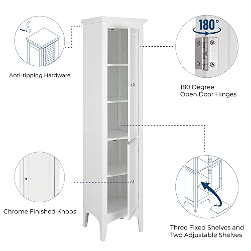 Elegant Home Fashions Glancy Linen Tower Freestanding Cabinet Tall Narrow Bathroom Kitchen Living Room Storage with 2 Shutter Doors 5 Tier Shelves, White, Standard