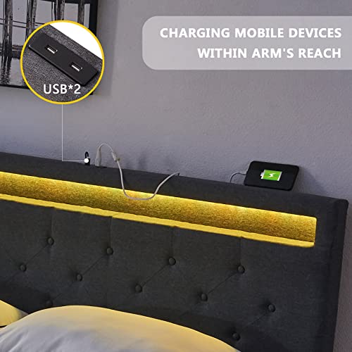 Alohappy Full Size Bed Frame with 4 Drawers, LED Bed Frame with 2 USB Ports and Adjustable Upholstered Headboard, Mattress Foundation with Wooden Slats Support, No Box Spring Needed, Dark Grey