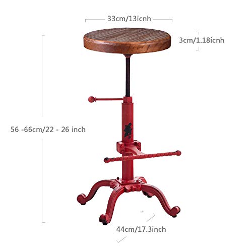 Topower Industrial Retro Vintage Farm Wooden Tractor Stool Kitchen Swivel Height Adjustable bar Stool (Antique Red)