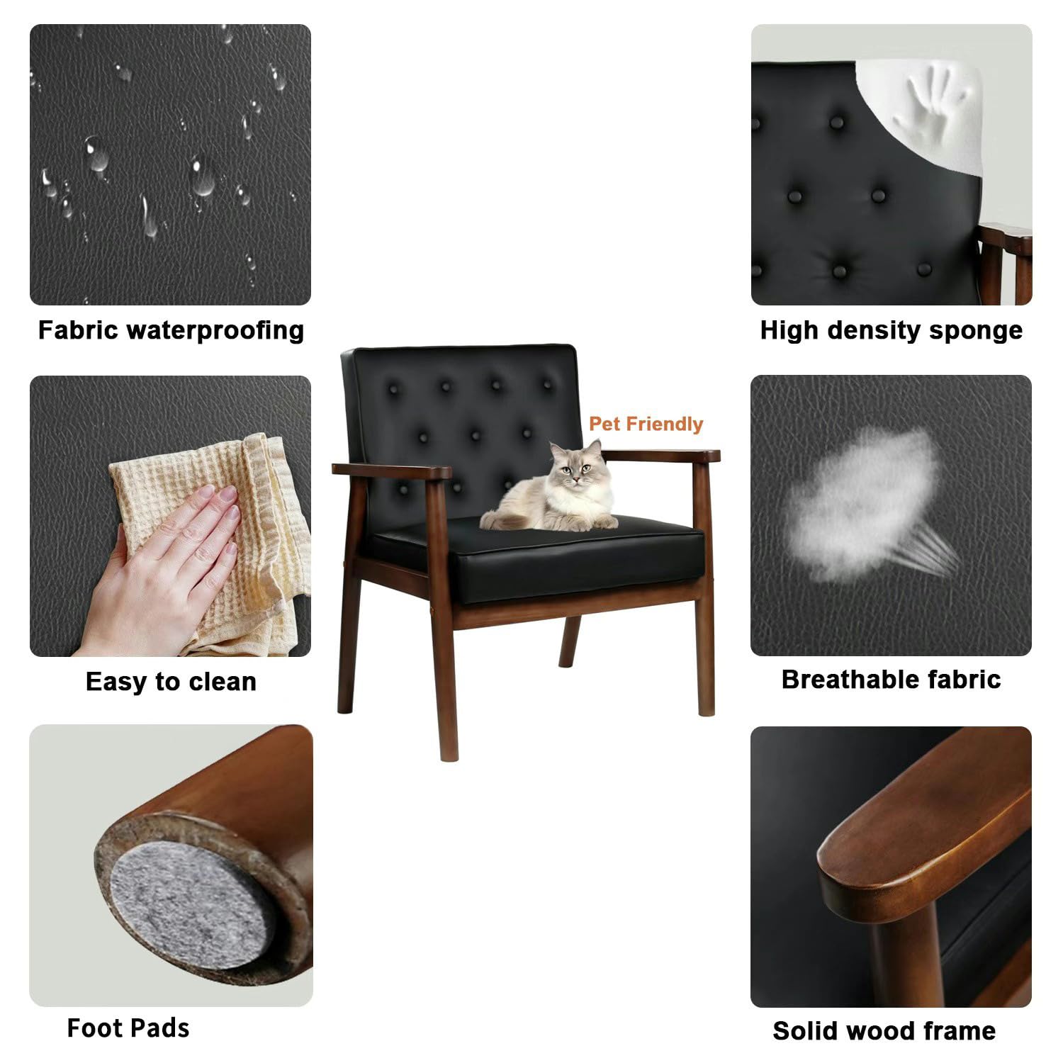 JIASTING Mid-Century Retro Modern Solid Wood Armrest Accent Chair, Faux Leather Tufted Back Upholstered Lounge Chairs, Living Room Furniture (Black 8325)
