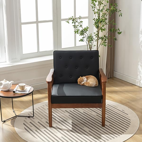 JIASTING Mid-Century Retro Modern Solid Wood Armrest Accent Chair, Faux Leather Tufted Back Upholstered Lounge Chairs, Living Room Furniture (Black 8325)