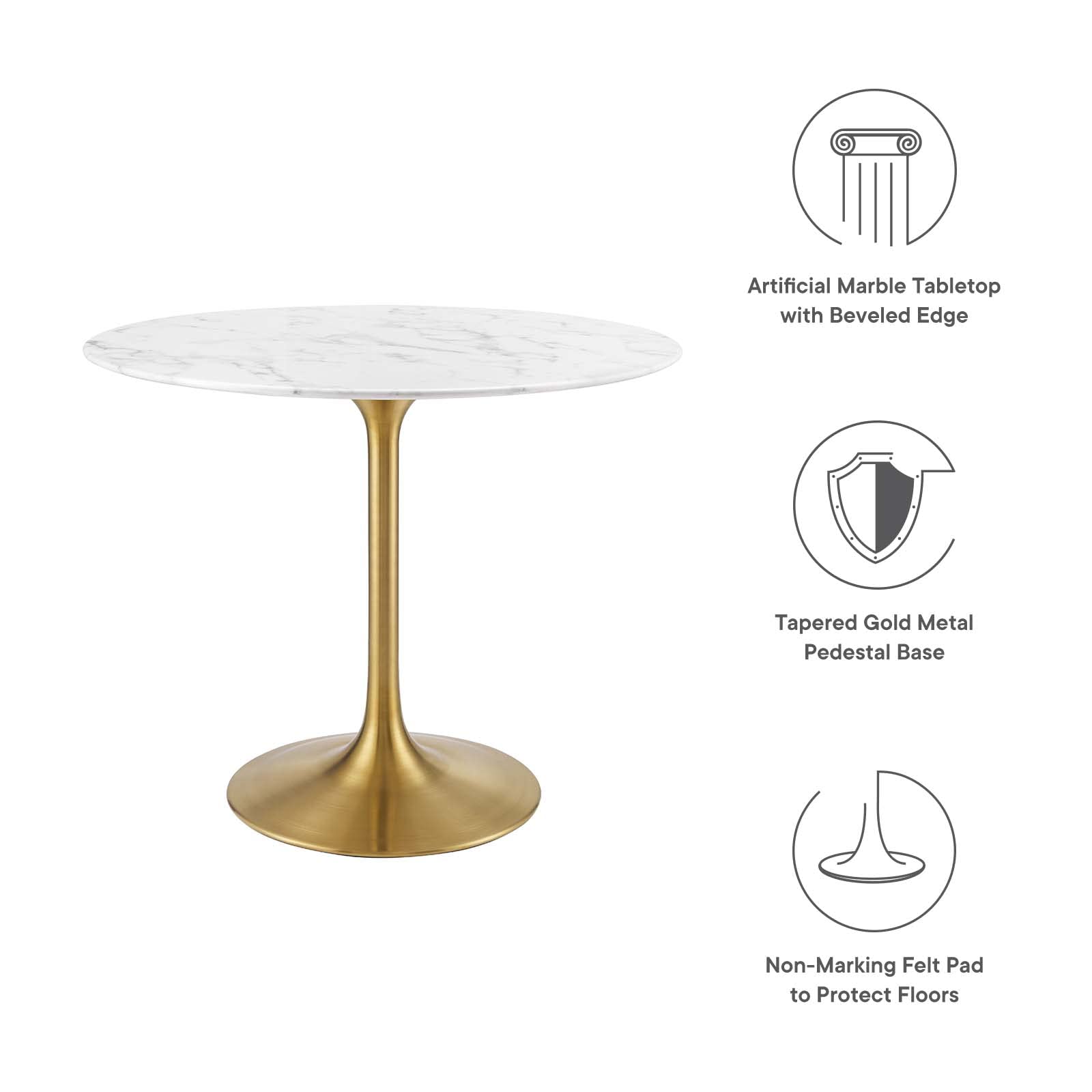 Modway Lippa 36" Mid-Century Dining Table with Round Artificial Marble Top in Gold White