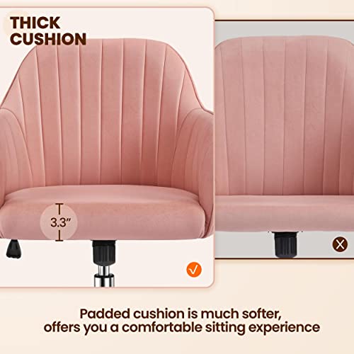 Yaheetech Velvet Office Desk Chair Height Adjustable Task Chairs Modern Office Chair Makeup Chair 360° Swivel Computer Chair Mid Back Chair Living Room Chairs with Arms&Stainless Base Accent Pink