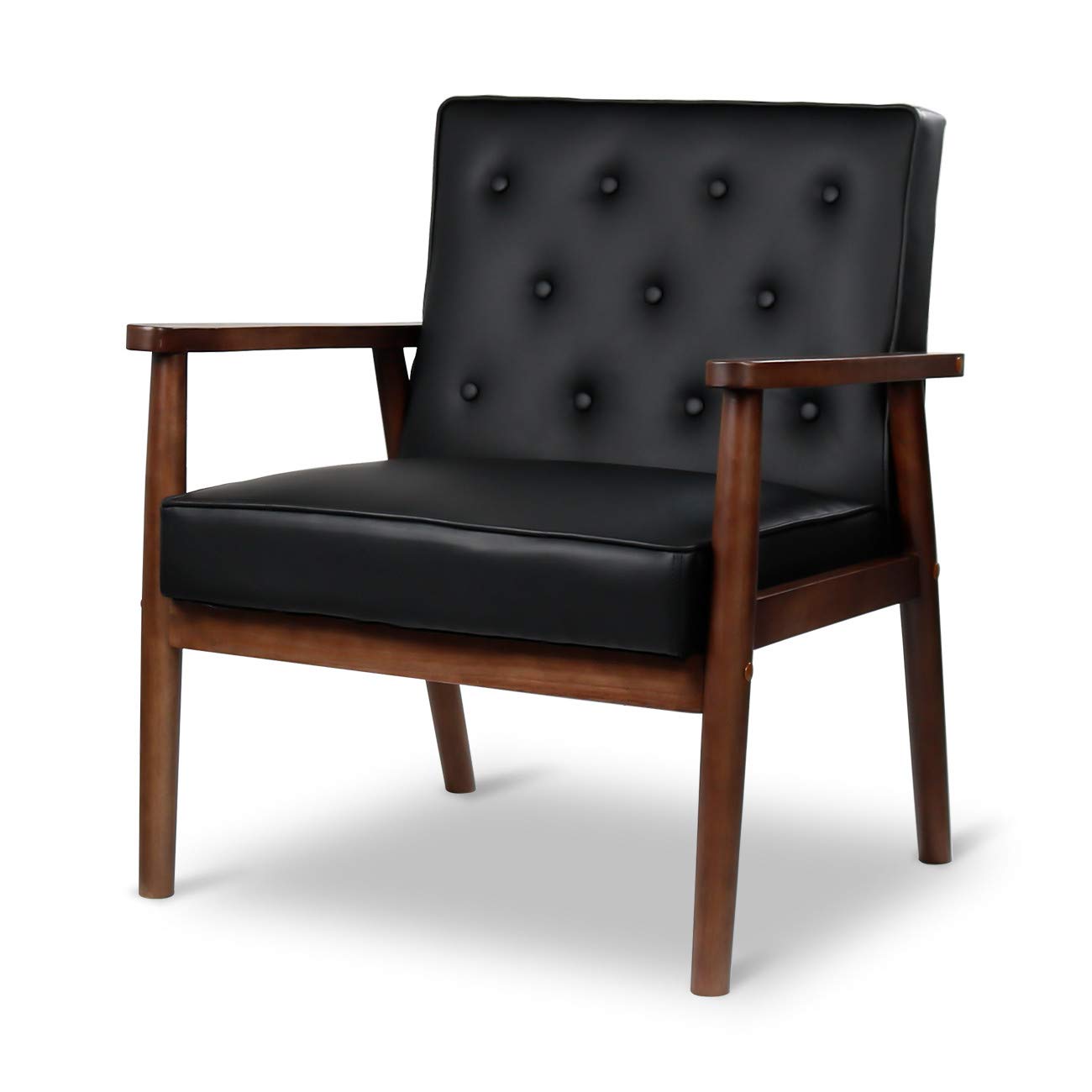 JIASTING Mid-Century Retro Modern Solid Wood Armrest Accent Chair, Faux Leather Tufted Back Upholstered Lounge Chairs, Living Room Furniture (Black 8325)