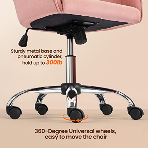 Yaheetech Velvet Office Desk Chair Height Adjustable Task Chairs Modern Office Chair Makeup Chair 360° Swivel Computer Chair Mid Back Chair Living Room Chairs with Arms&Stainless Base Accent Pink