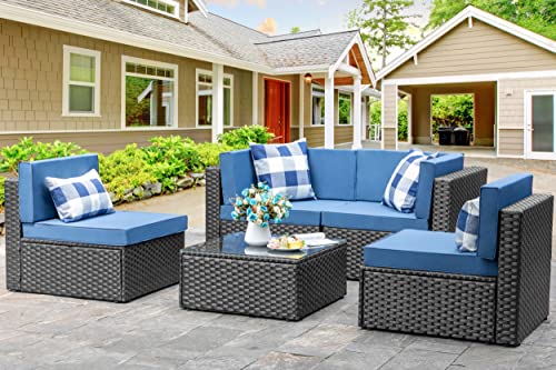 Shintenchi 5 Pieces Outdoor Patio Sectional Sofa Couch, Black PE Wicker Furniture Sets, Patio Conversation Sets with Washable Cushions Glass Table for Garden, Poolside, Backyard,Aegean Blue