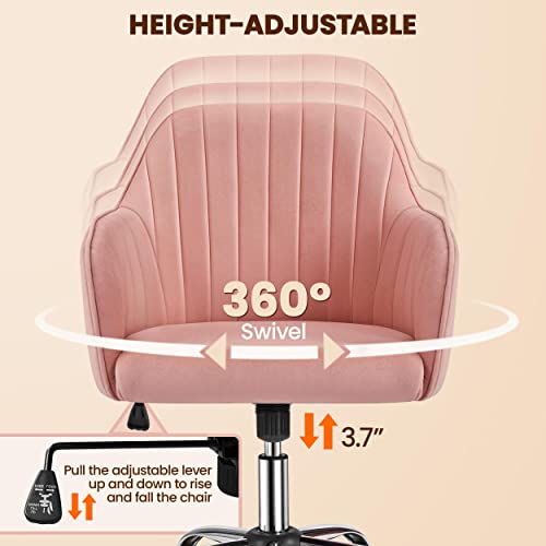 Yaheetech Velvet Office Desk Chair Height Adjustable Task Chairs Modern Office Chair Makeup Chair 360° Swivel Computer Chair Mid Back Chair Living Room Chairs with Arms&Stainless Base Accent Pink