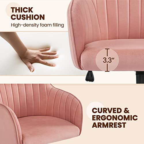 Yaheetech Velvet Office Desk Chair Height Adjustable Task Chairs Modern Office Chair Makeup Chair 360° Swivel Computer Chair Mid Back Chair Living Room Chairs with Arms&Stainless Base Accent Pink