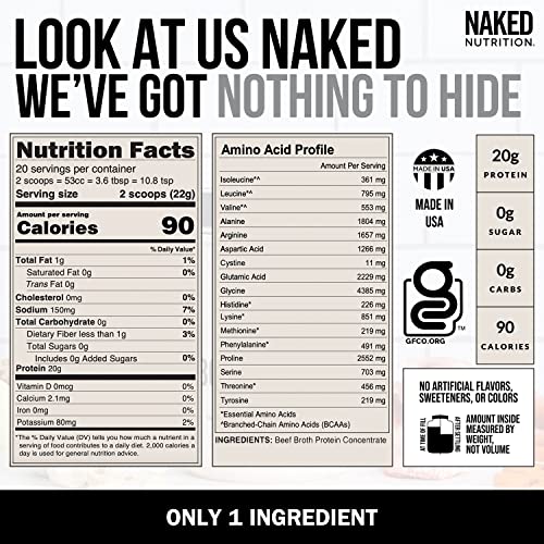 Naked Bone Broth – Beef Bone Broth Protein Powder – 20g Protein, Only 1 Ingredient – Gut Health and Joint Supplement – Unflavored – No GMO, Gluten, or Soy – 1 Pound