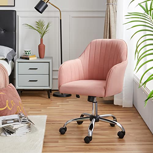 Yaheetech Velvet Office Desk Chair Height Adjustable Task Chairs Modern Office Chair Makeup Chair 360° Swivel Computer Chair Mid Back Chair Living Room Chairs with Arms&Stainless Base Accent Pink